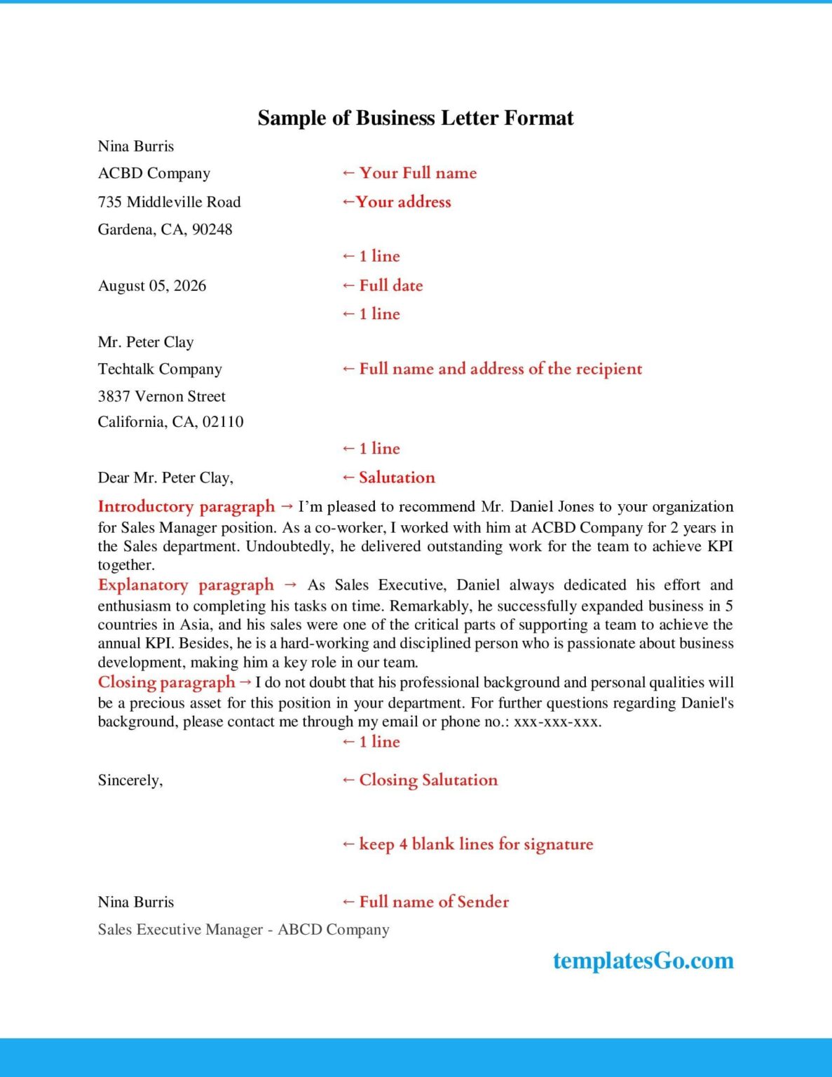 Business Letter Format Example - Free Resource - templatesGo