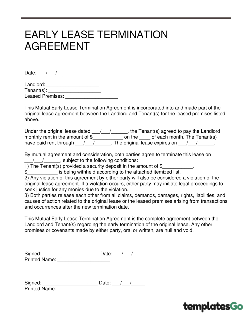 Early Termination Lease Letter-To Minimize Losses