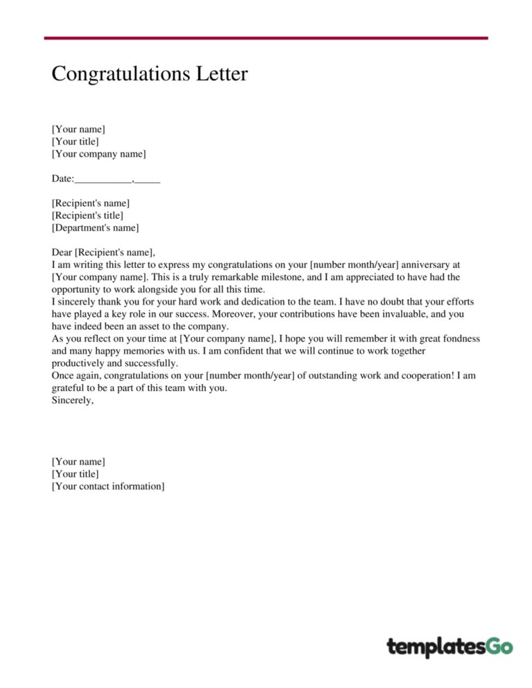 Congratulations Letter At Work Templates